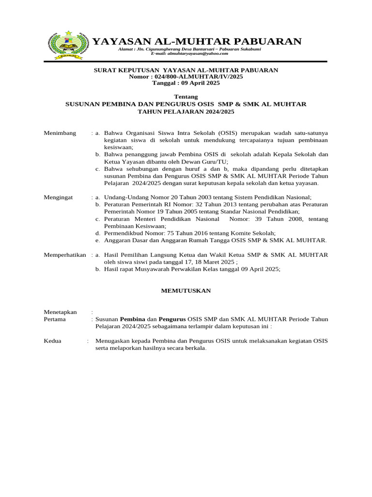Susunan Pengurus OSIS Al-Muhtar 2024/2025 | PDF