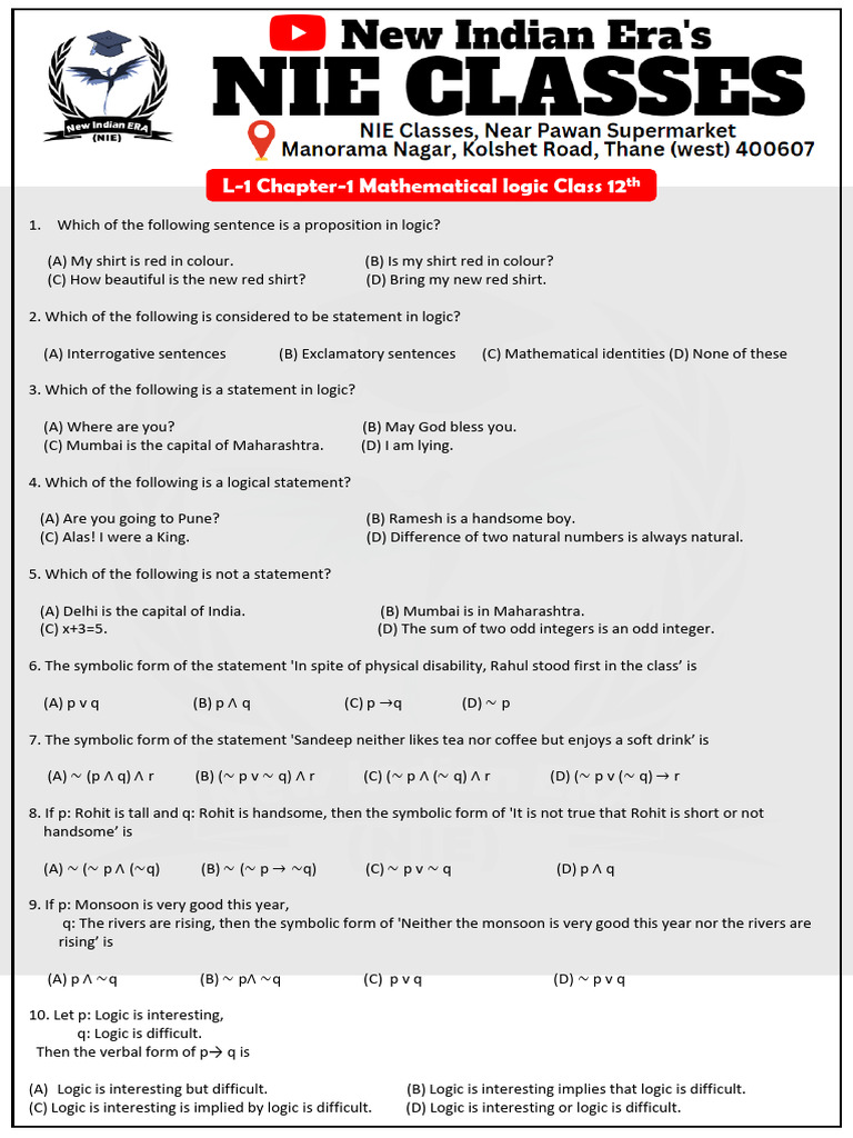 L-1 DPP Chapter-1 Mathematical Logic Class-12th - 55607386 - 2025 - 03!24!13 - 46 | PDF | Logic ...