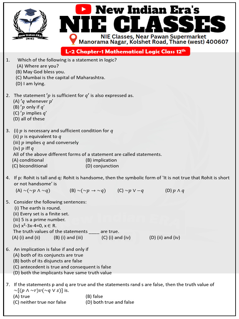 L-2 Chapter-1 Mathematical Logic Class 12th_56120845_2025_03_24_13_49 | PDF | If And Only If ...