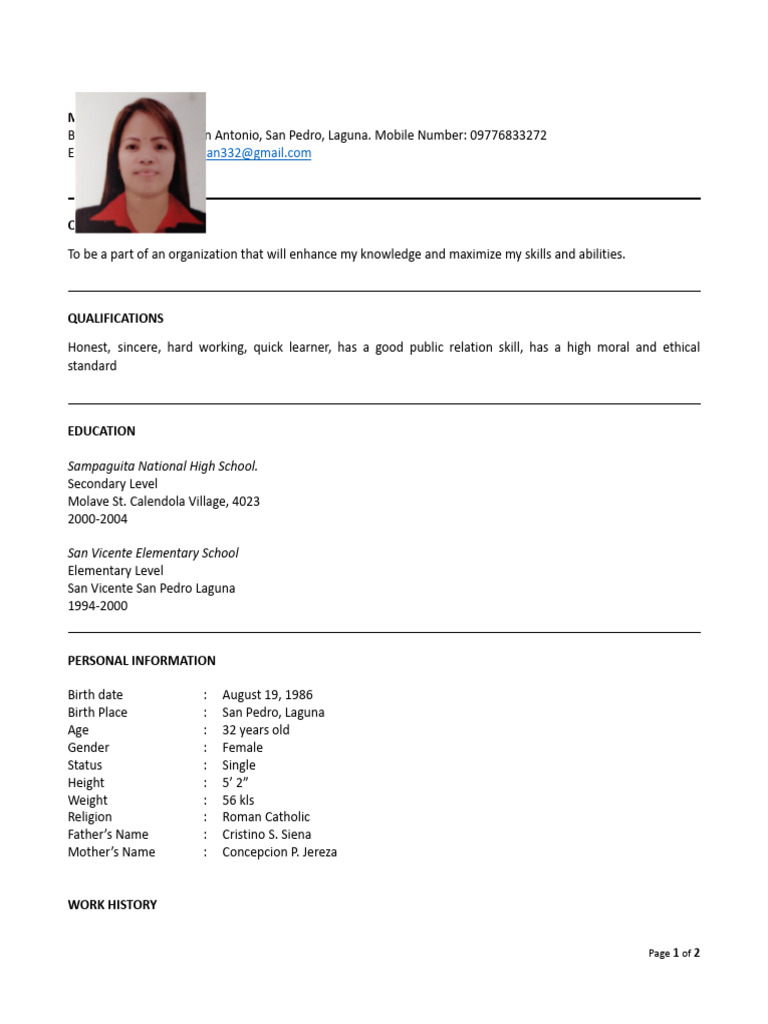 Mary Jean Siena Resume Overview | PDF