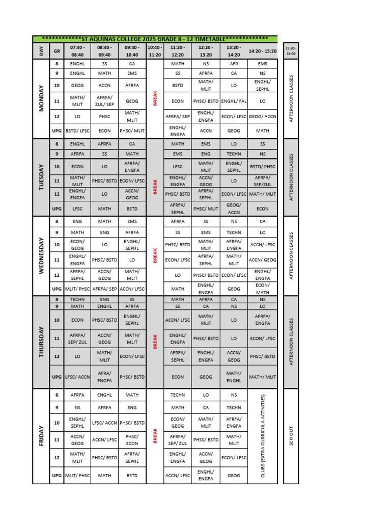 2025 School Timetable Um | PDF