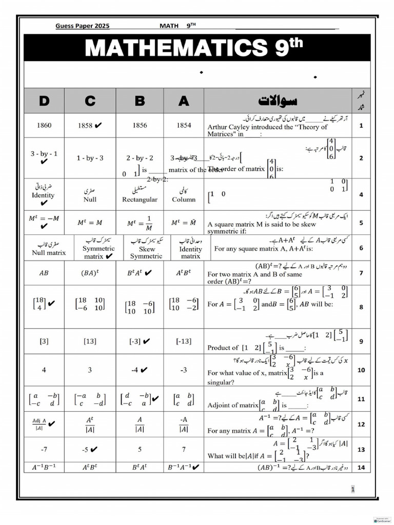9th Class Math Solved MCQ's 2025 | PDF