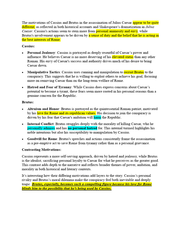 Cassius vs. Brutus: Motivations Explored | PDF | Julius Caesar | Psychology