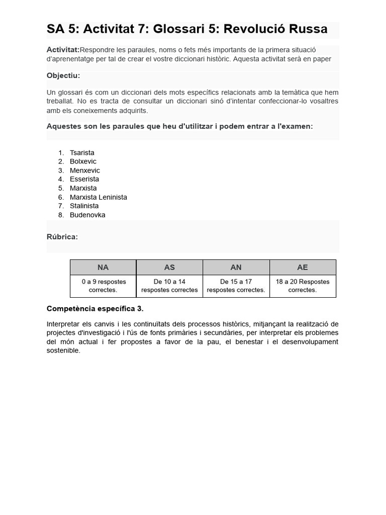 SA 5 Activitat 7 Glossari 5 Revolució Russa | PDF
