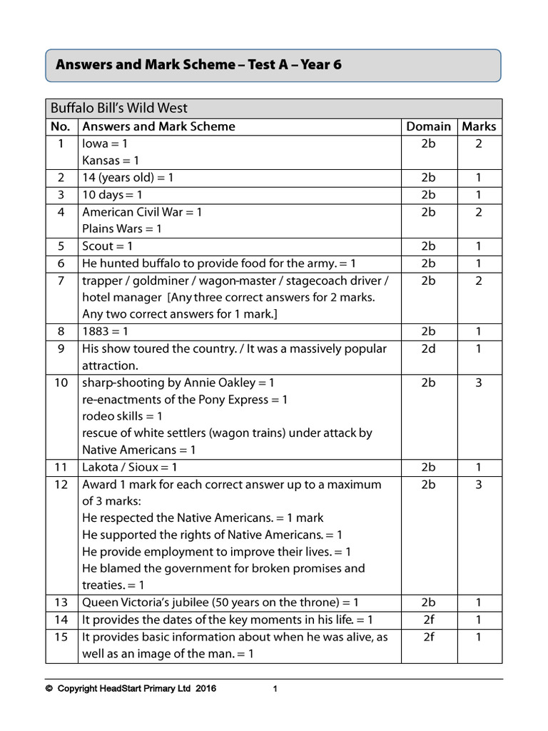 Year 6 HeadStart Test Answers & Scoring | PDF