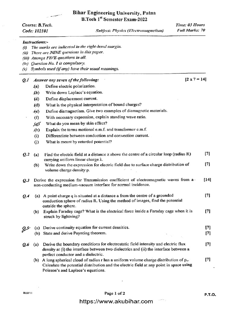 Btech 1 Sem Physics Electromagnetism 102101 2022 | PDF