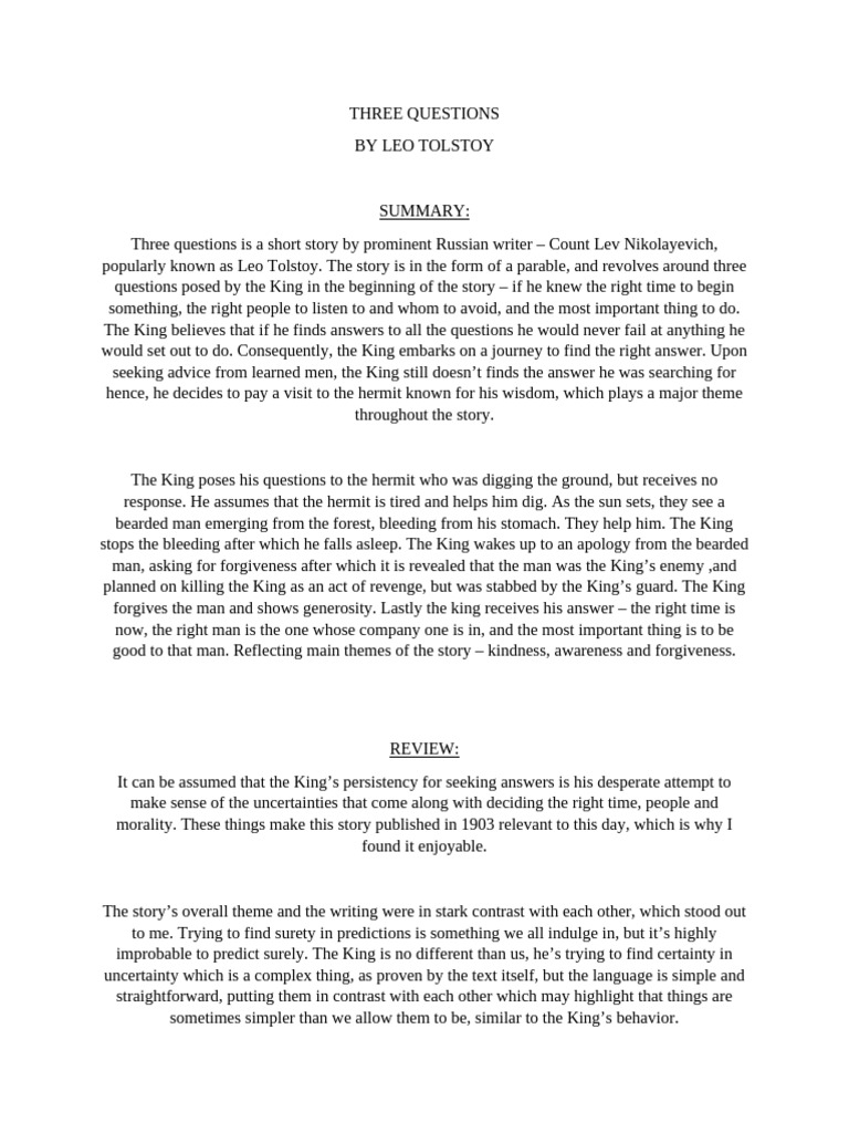 Three Questions by Leo Tolstoy | PDF | Forgiveness