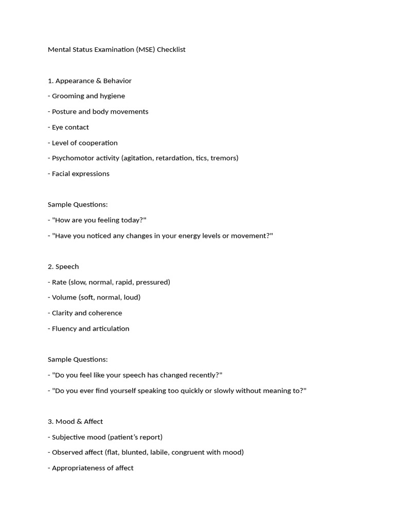Mental Status Exam Checklist | PDF | Behavioural Sciences | Cognition