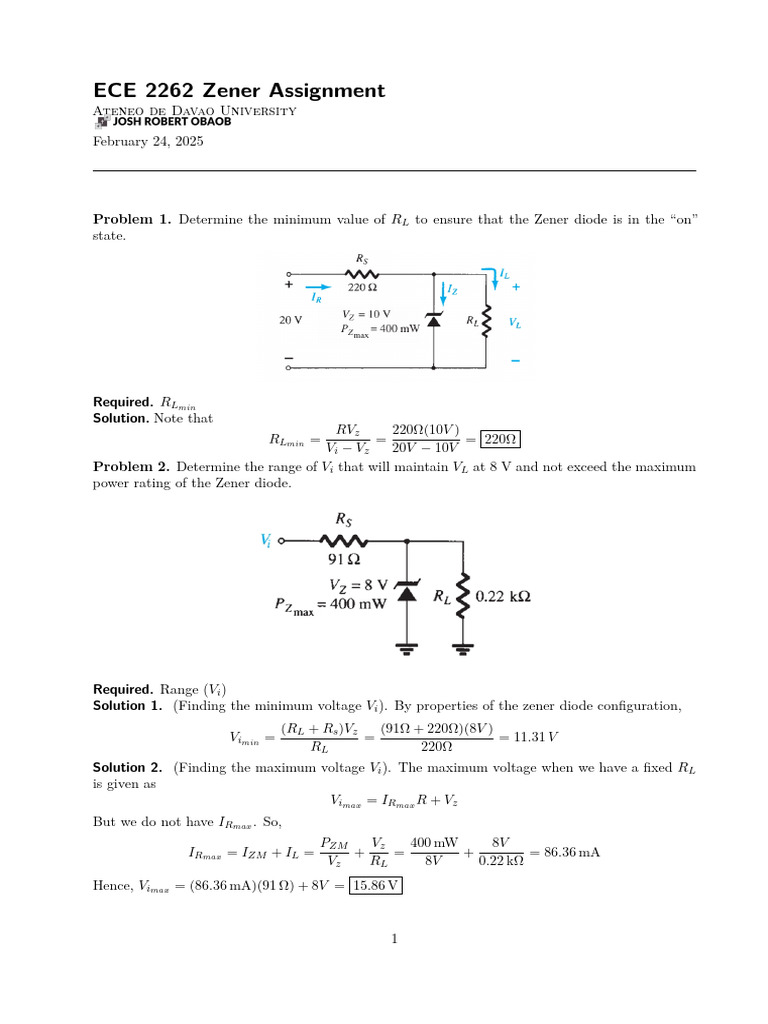 OBAOB ZenerAssignment ECE2262 | PDF