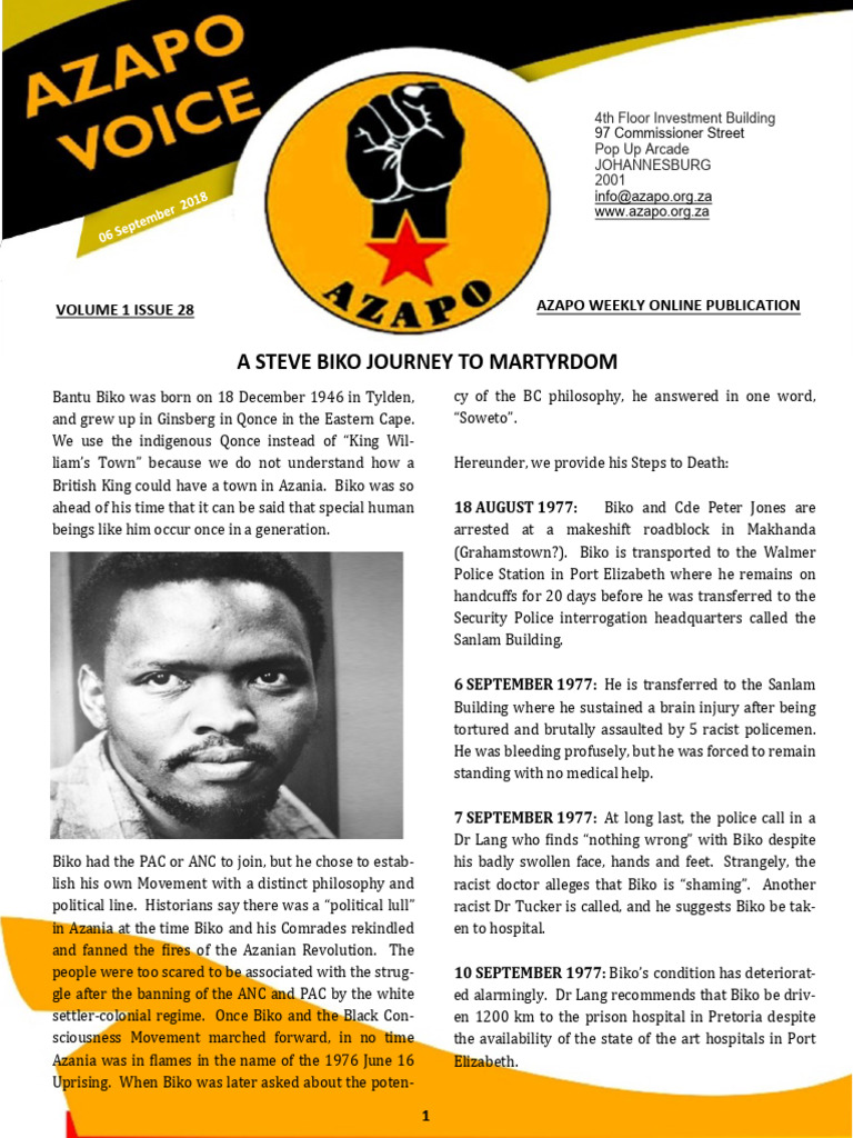 AZAPO Voice Volume 1 Issue 28 | PDF | Apartheid | South Africa