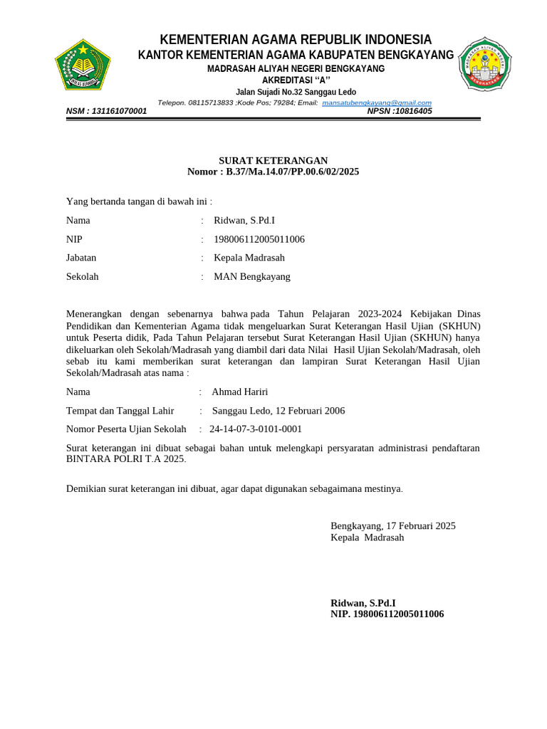 SKHUN 2025 dan Surat Keterangan Ujian | PDF