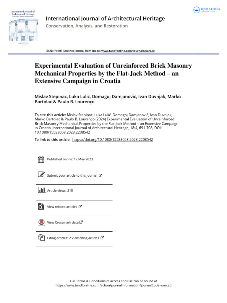 Unreinforced Brick Masonry Mechanical Properties Flat-Jack Method | PDF ...