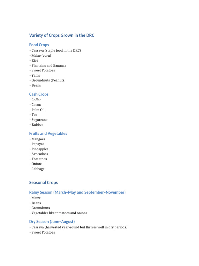 Variety of Crops in DRC | PDF
