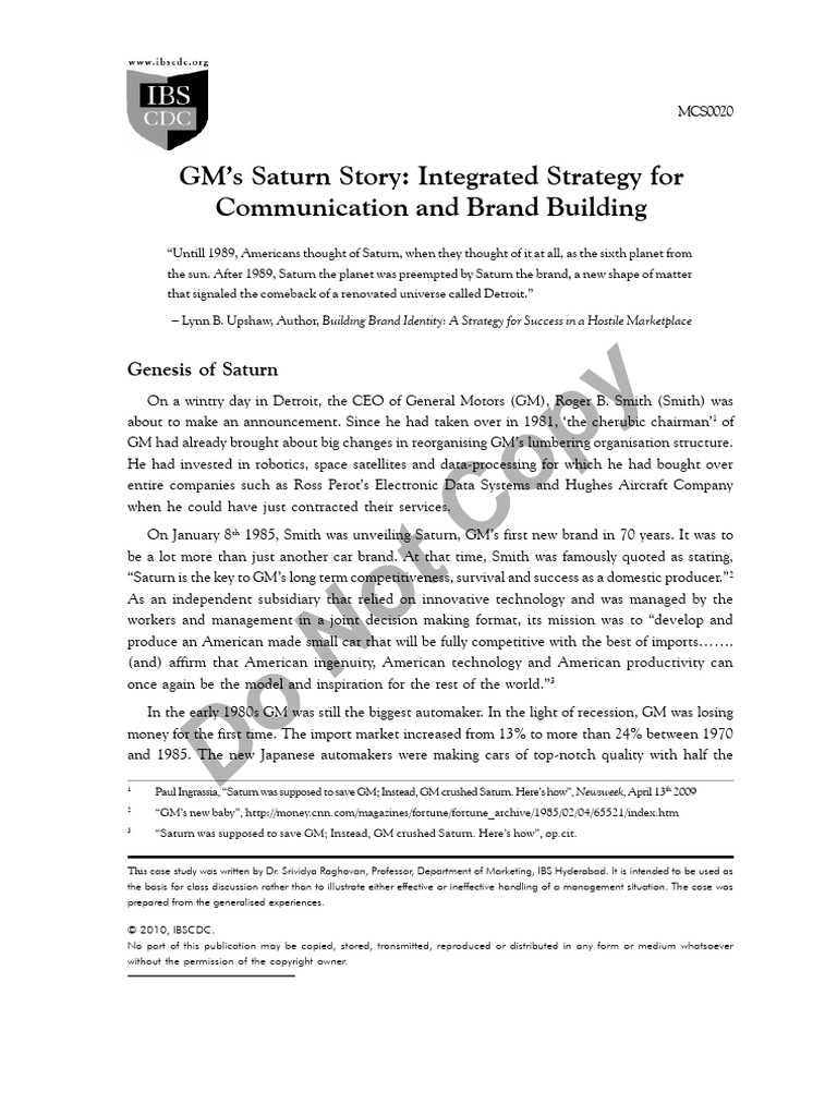 MCS0020 - GM's Saturn Story Integrated Strategy | PDF | General Motors ...