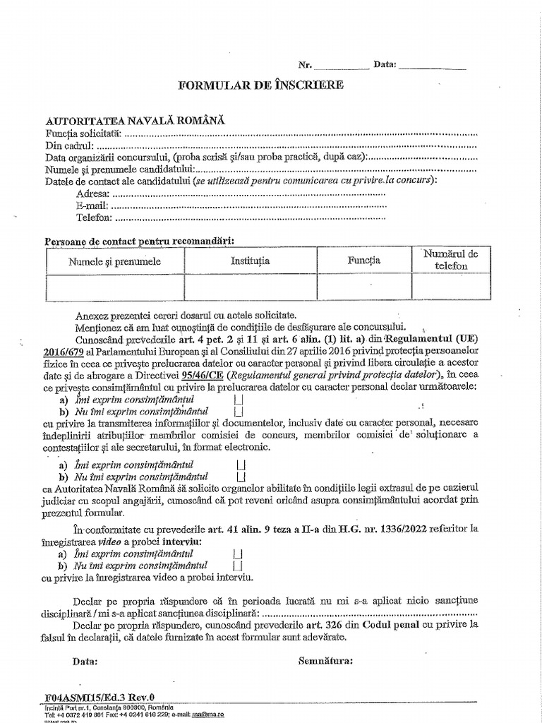Formular de Inscriere Si Acord de Prelucrare Date Personale | PDF