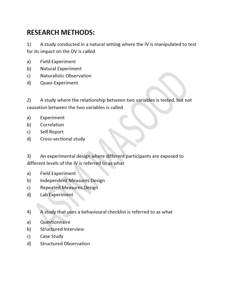 Research Methods MCQ Practice | PDF | Experiment | Mode (Statistics)