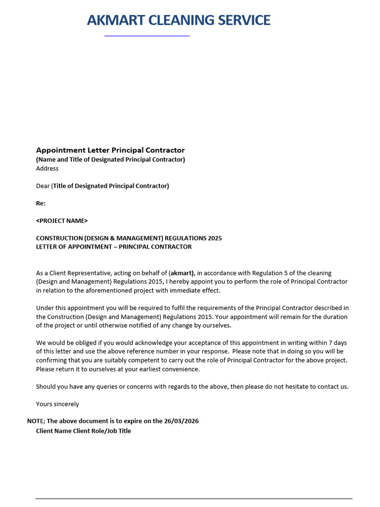 Principal Contractor Appointment Letter | PDF