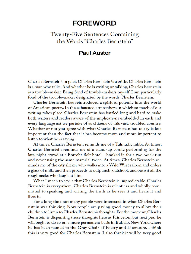 Charles Bernstein The Kinds of Poetry I Want Foreword Paul Auster | PDF
