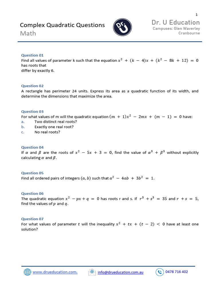 Complex Quadratic Questions_Math | PDF