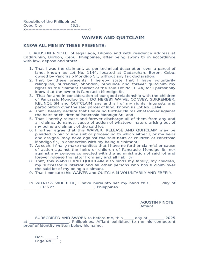 Waiver and Quitclaim Land | PDF | Property Law | Justice