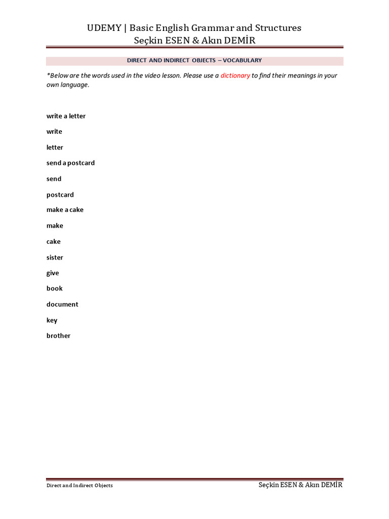 56 055 Direct and Indirect Objects Vocabulary | PDF