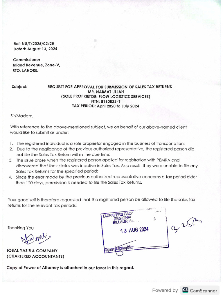 Mr. Naimat Ullah - Request For Approval For Submission of Sales Tax Return's | PDF
