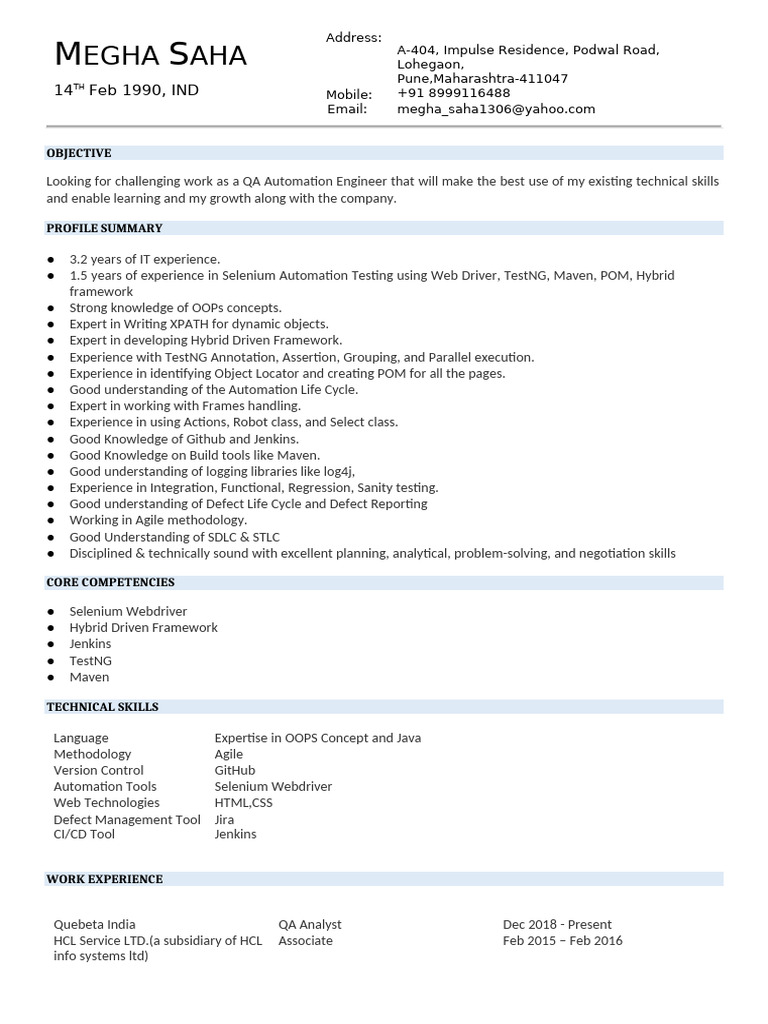 Resume Template QA Automation 1 | PDF | Software Testing | Selenium ...