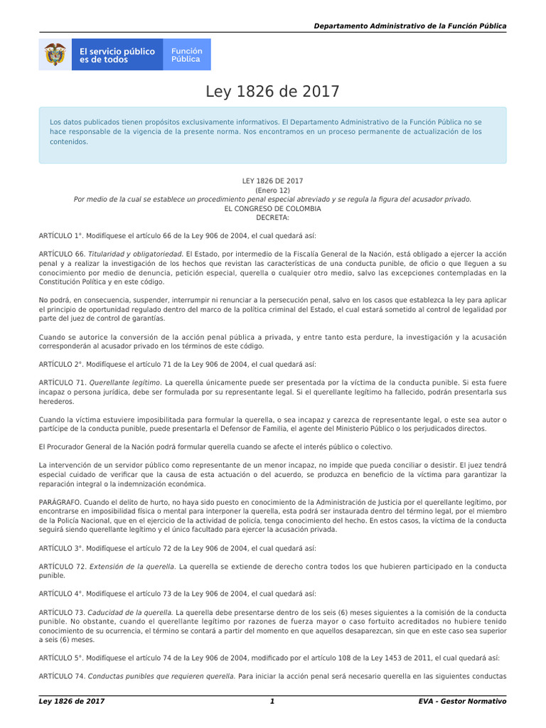 Ley 1826 de 2017 - Procedimiento Penal Abreviado y Regulacion Del Acusador Privado | PDF | Queja ...
