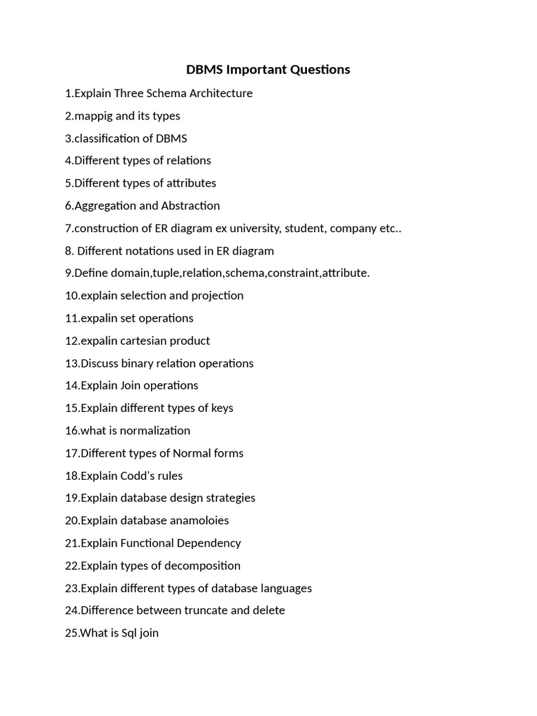 Important Questions DBMS and CA | PDF