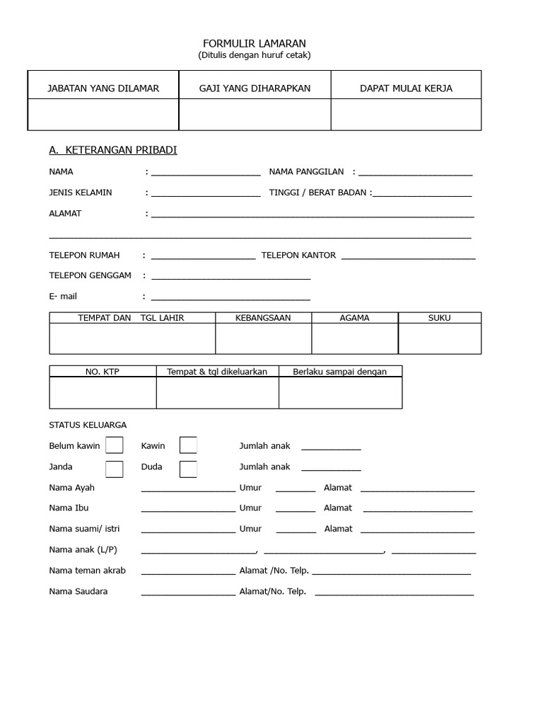 Formulir Lamaran Kerja Lengkap | PDF