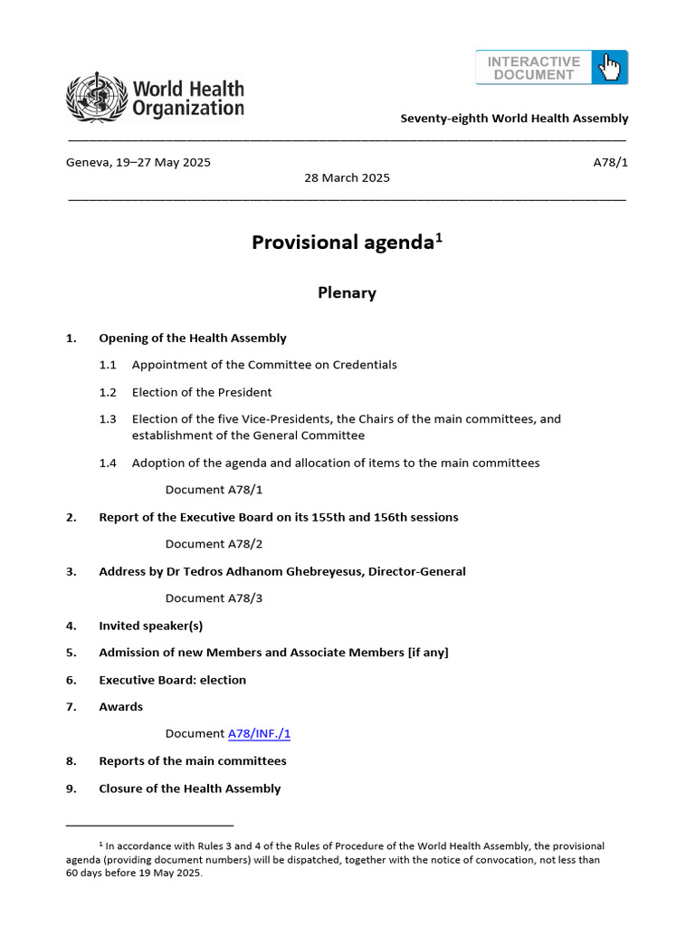 WHA78 Provisional Agenda Overview | PDF | World Health Organization ...