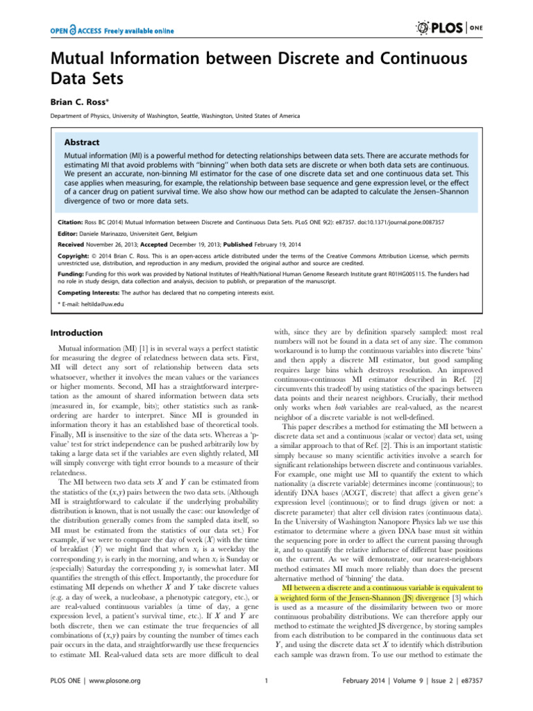 Mutual Information Between Discrete and Continuous Data Sets | PDF | Probability Distribution ...