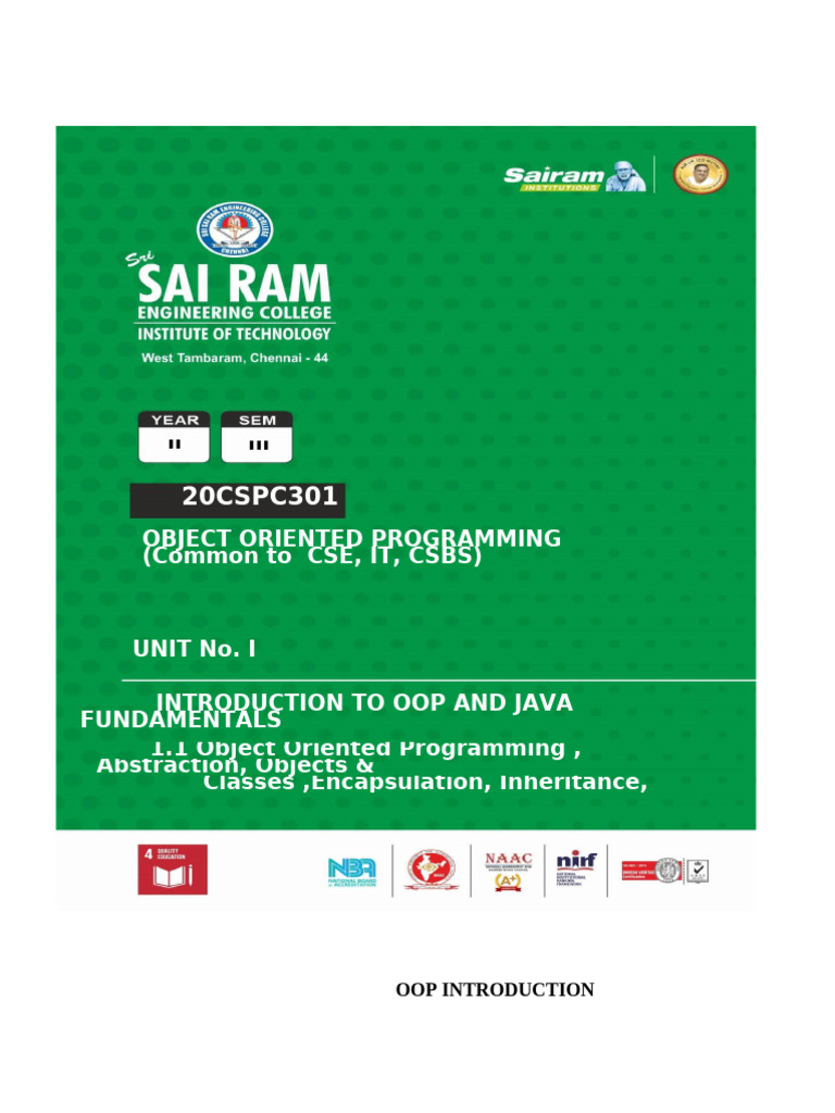 1.1 Study Materials Object Oriented Programming Abstraction, Objects, Classes, Encapsulation ...