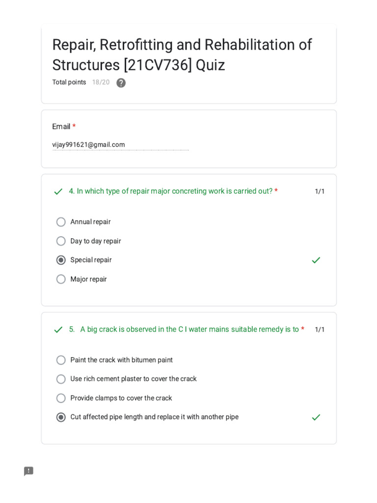 Repair, Retrofitting and Rehabilitation of Structures (21CV736) Quiz ...