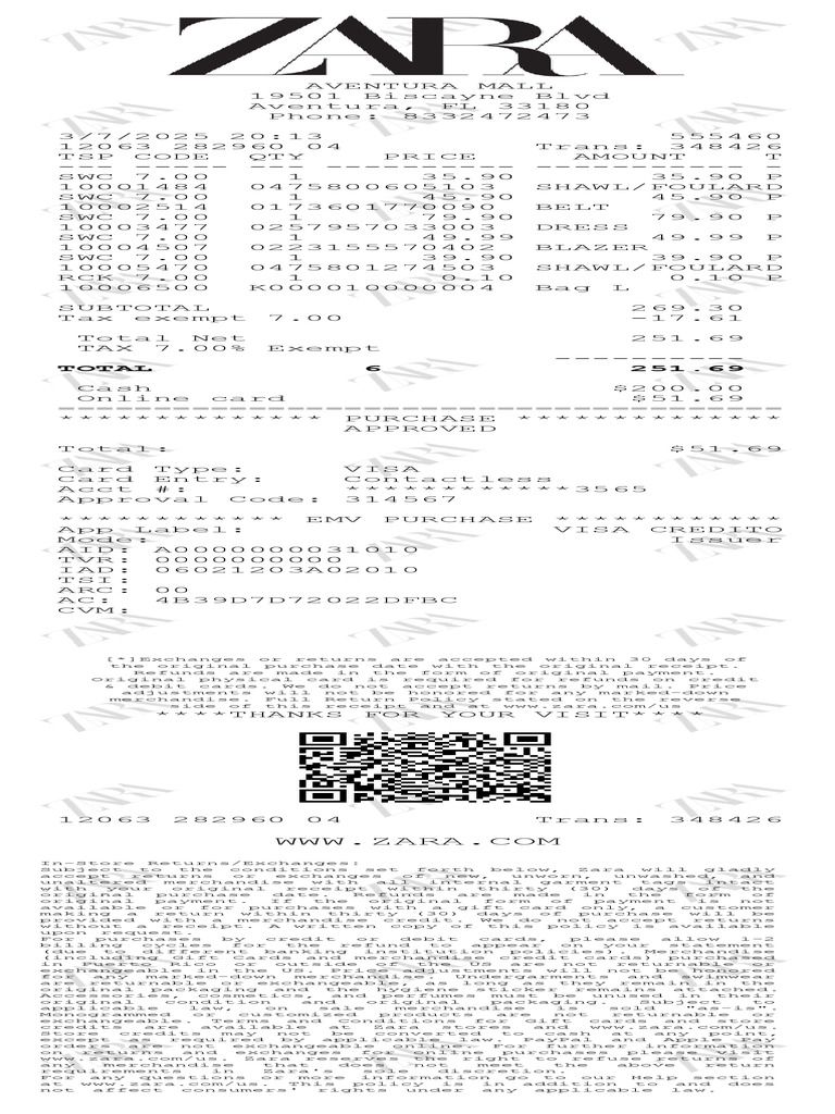 Zara FL Mia M Aventura Aventura M Purchase Receipt | PDF | Receipt | Emv