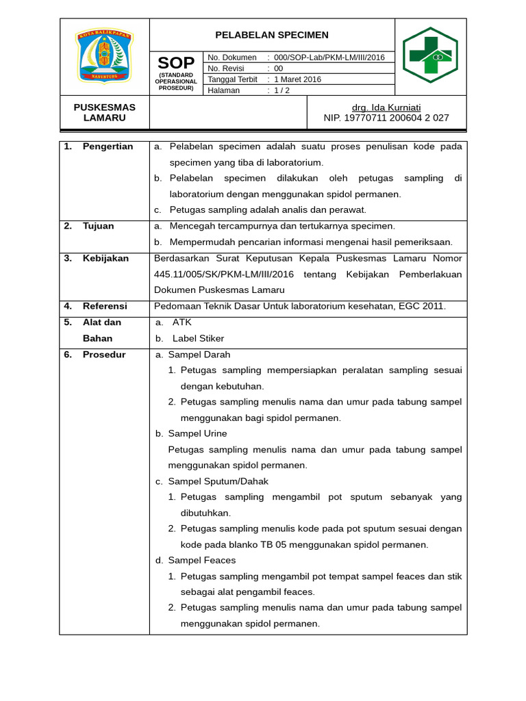 Prosedur Pelabelan Specimen Laboratorium | PDF