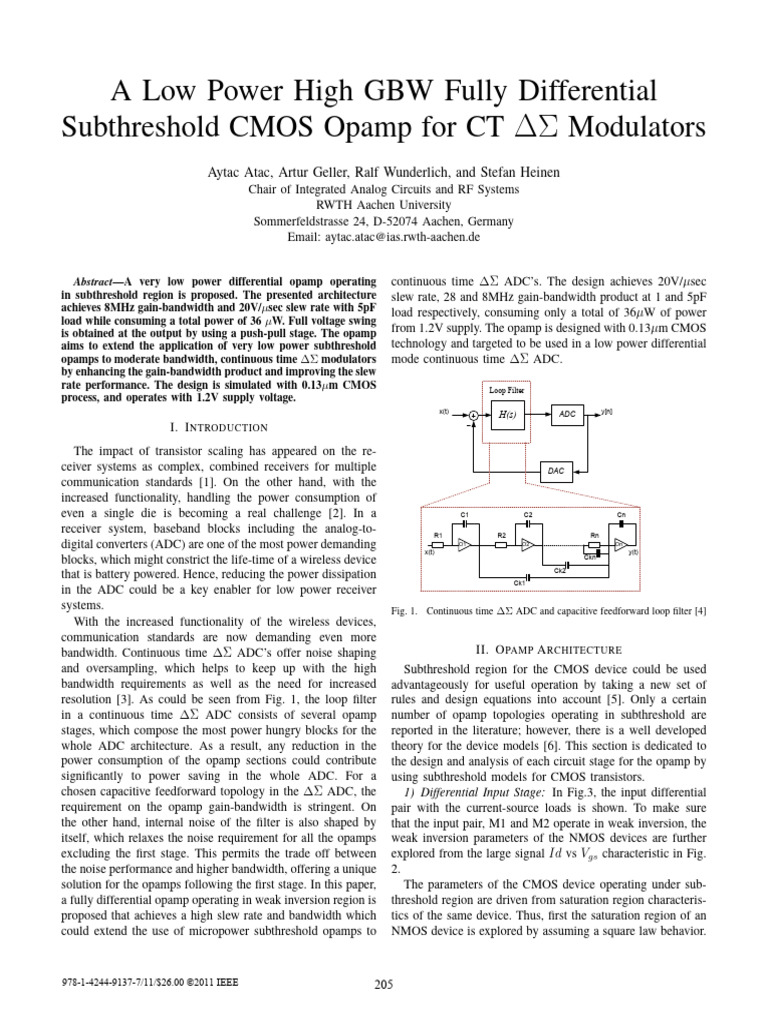 A Low Power High GBW Fully Differential Subthreshold CMOS Opamp For CT Modulators | PDF | Analog ...