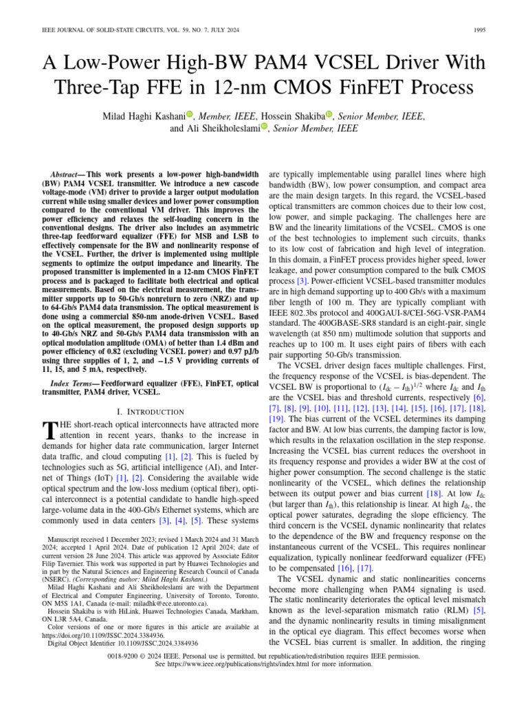 A Low-Power High-BW PAM4 VCSEL Driver With Three-Tap FFE in 12-nm CMOS ...