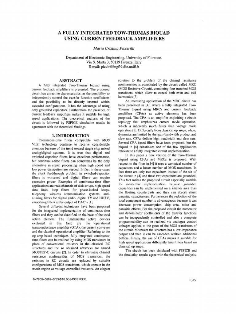 Integrated Tow-Thomas Biquad with CFAs | PDF | Amplifier | Mosfet