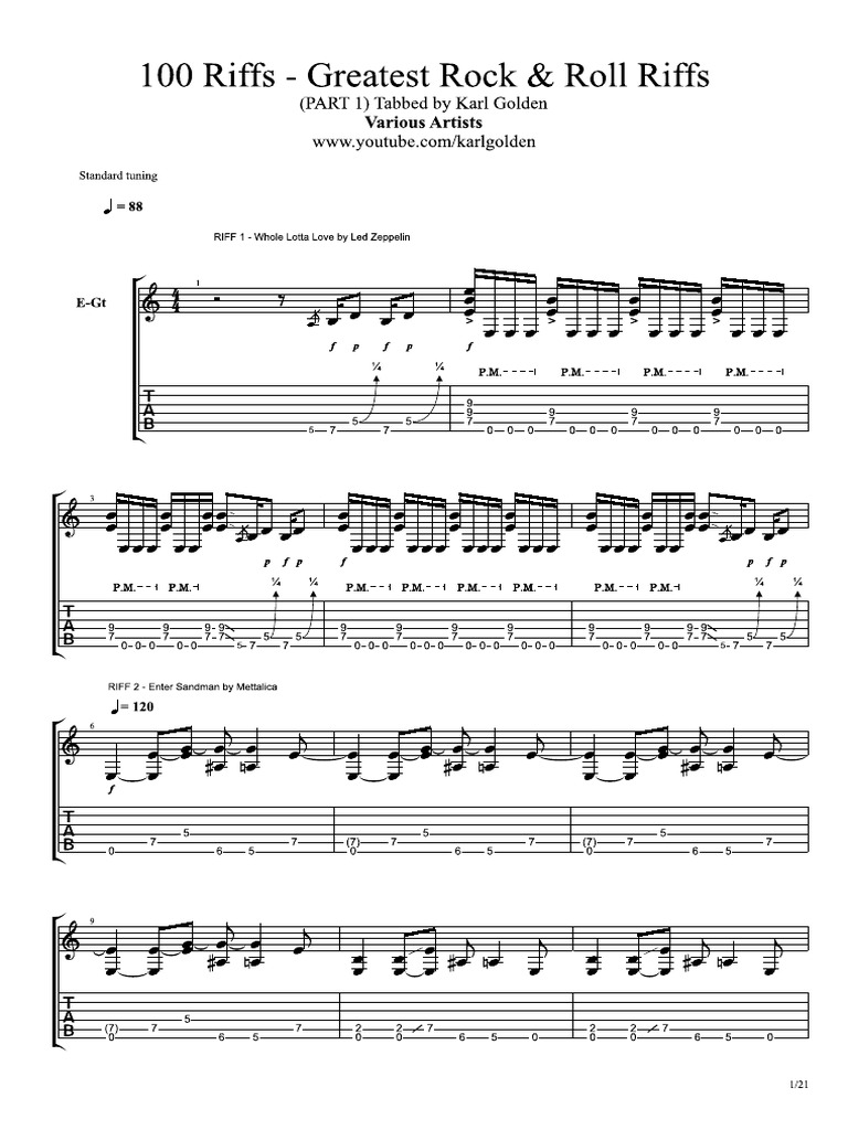 100 Riffs - The Greatest Rock N' Roll Riffs TABS - Part One | PDF
