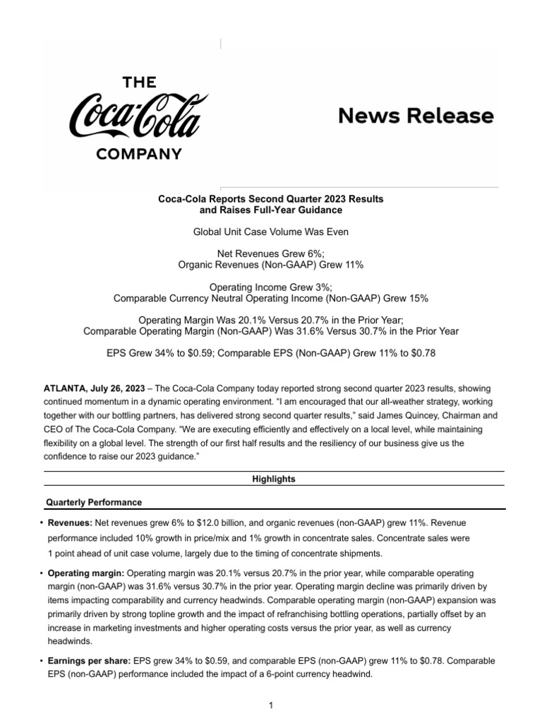 Coca-Cola 2023 Q2 Earnings Release - Full Release - 7.26.23 FINAL | PDF ...