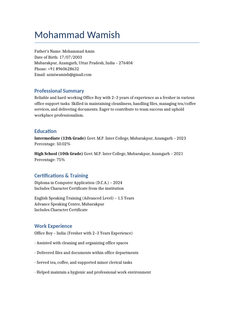 Mohammad Wamish Office Boy CV Updated-1 | PDF