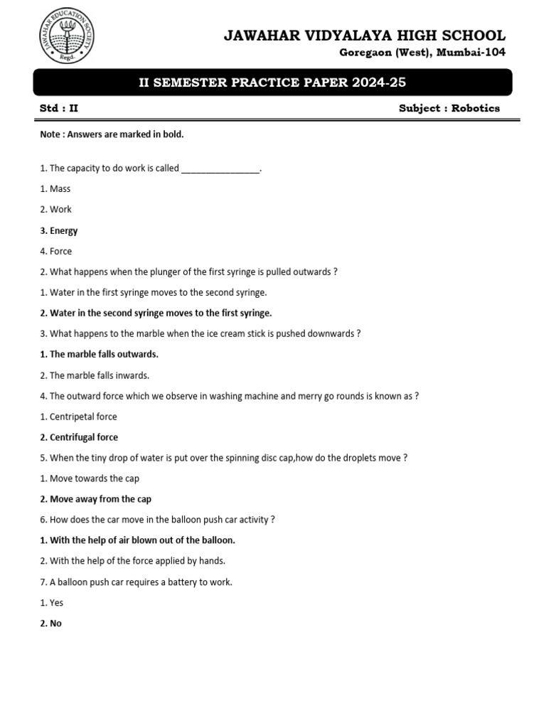 Robotics Practice Paper for Std II | PDF | Electricity | Weight