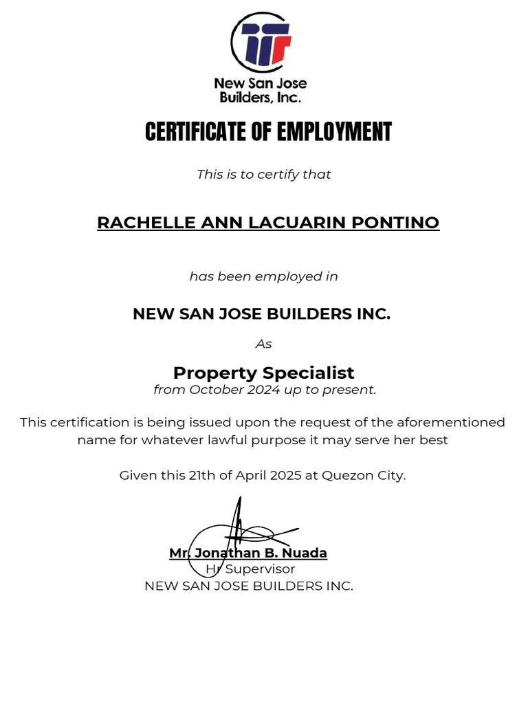 Employment Certificate for Property Specialist | PDF