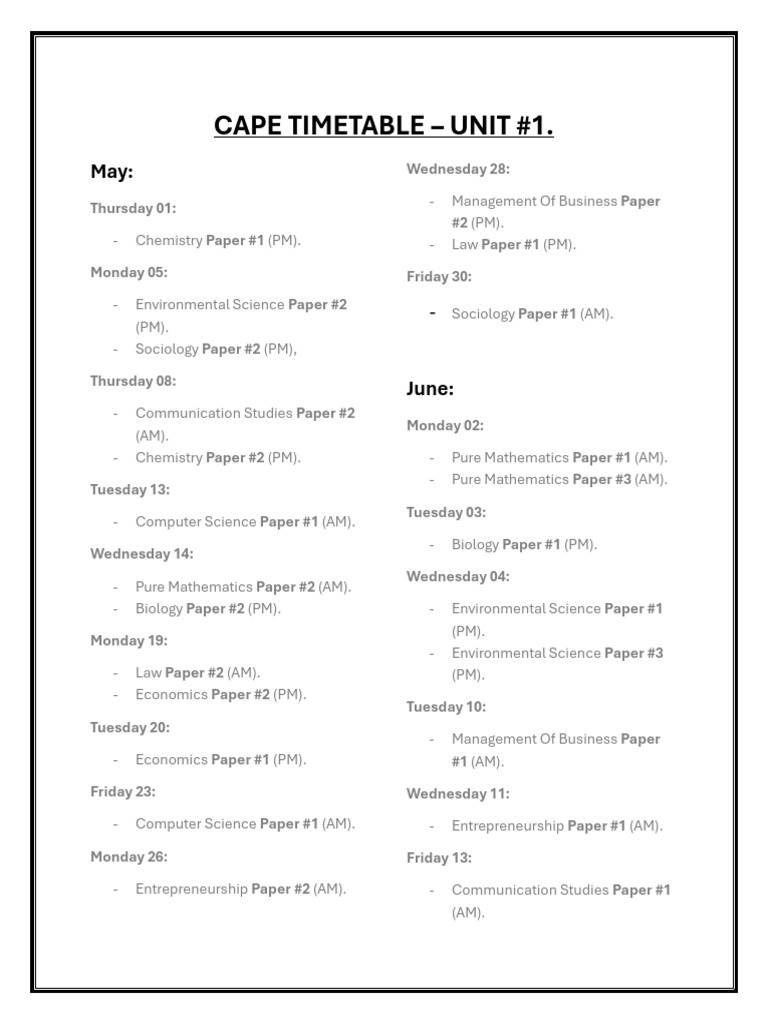 Cape Timetable - Unit #1. | PDF