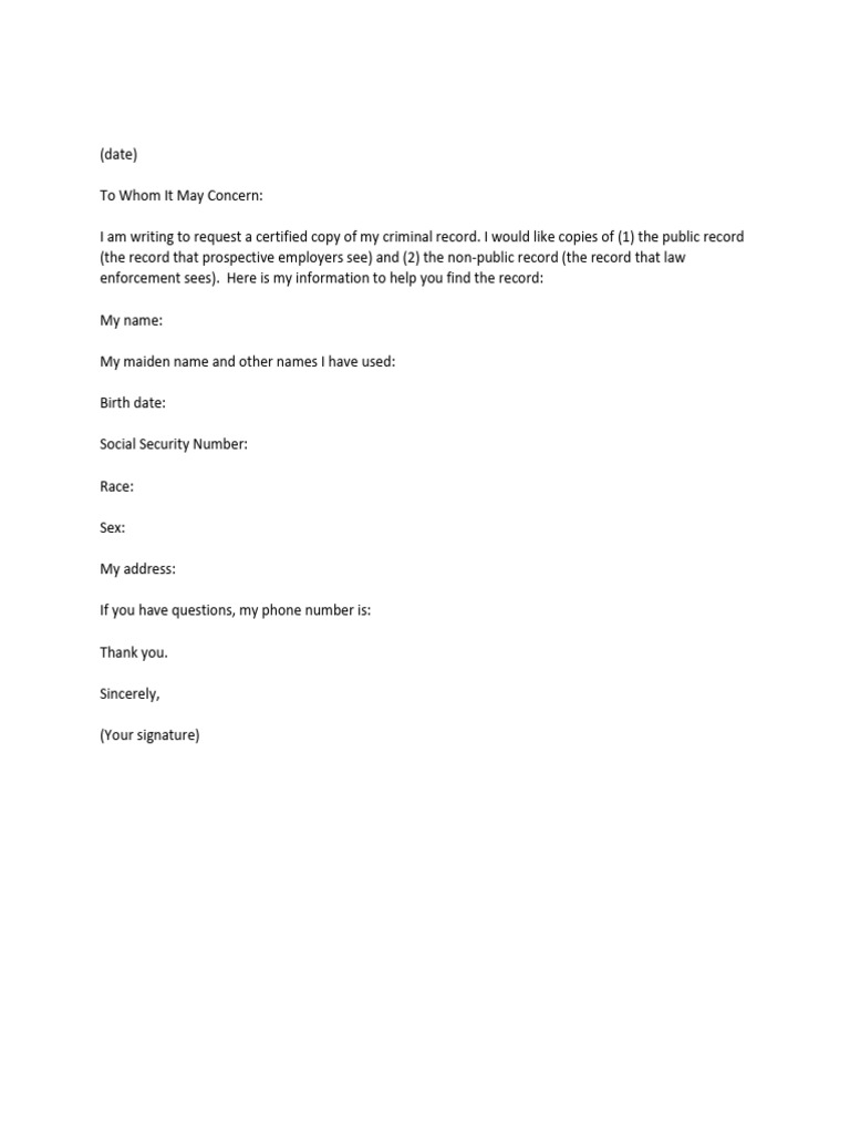 Sample Criminal Record Request Letter - 1 | PDF