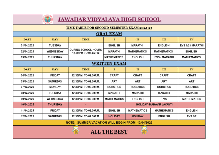 EXAM TIME TABLE- 2ND SEMESTER (STD.1 TO 4) | PDF