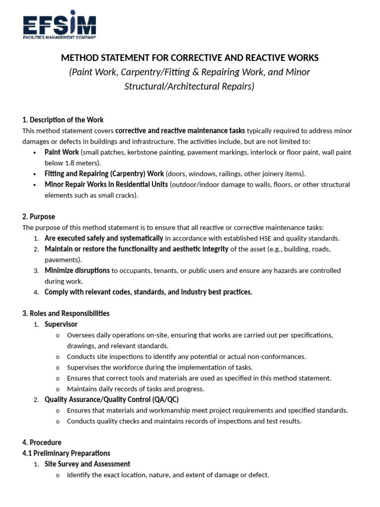 Method Statement For Corrective and Reactive Works | PDF | Paint | Quality Assurance