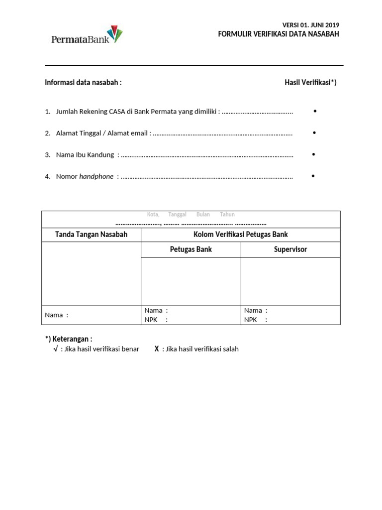 Lampiran 3 - Formulir Verifikasi Data Nasabah (Versi 01. Juni 2019) | PDF