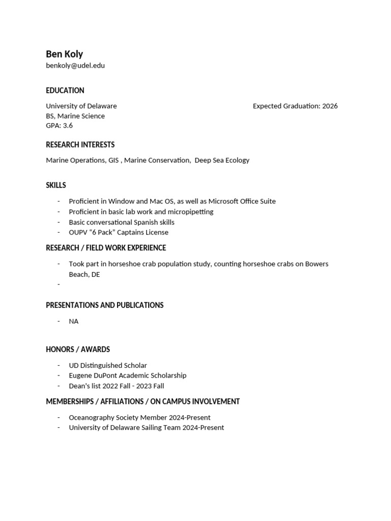 UDel Marine Science Resume Template | PDF